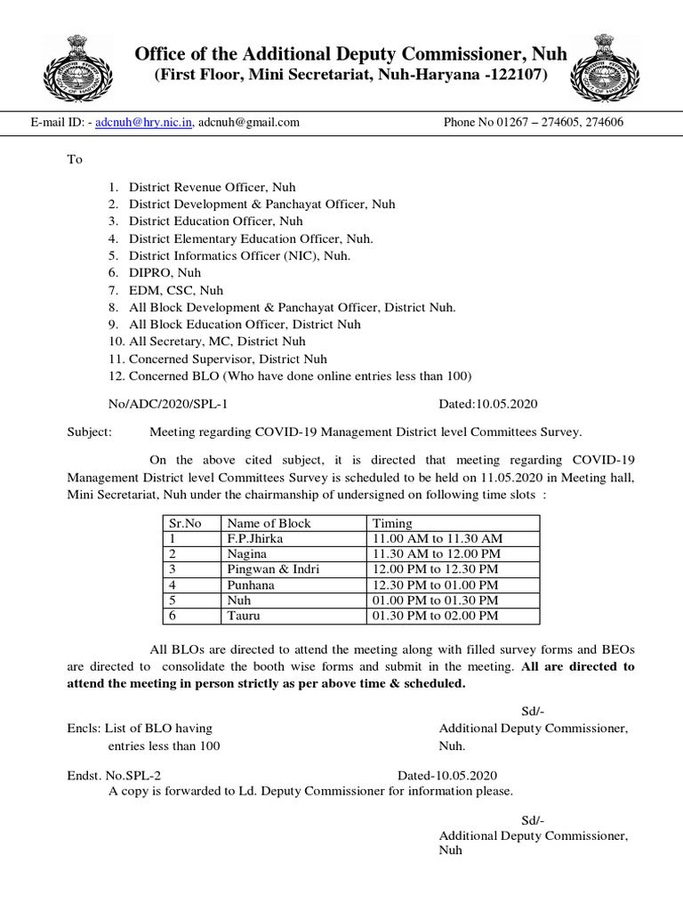 Office of The Additional Deputy Commissioner, Nuh: (First Floor, Mini ...