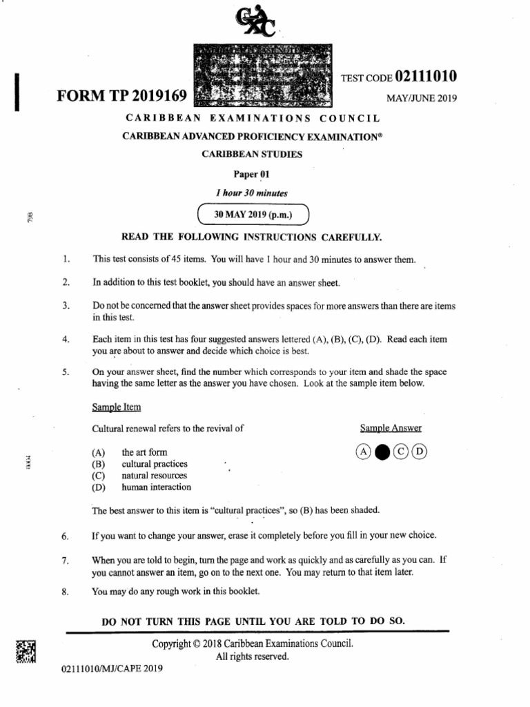 CAPE Caribbean Studies 2019 P1 | PDF