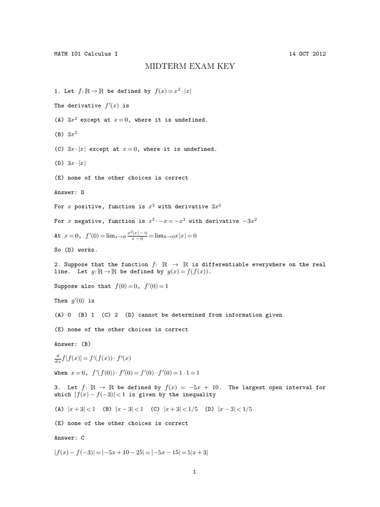 Midterm Exam Key | PDF | Function (Mathematics) | Derivative