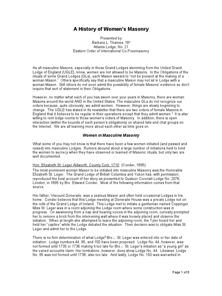 A History of Women's Masonry | PDF | Freemasonry | Masonic Lodge