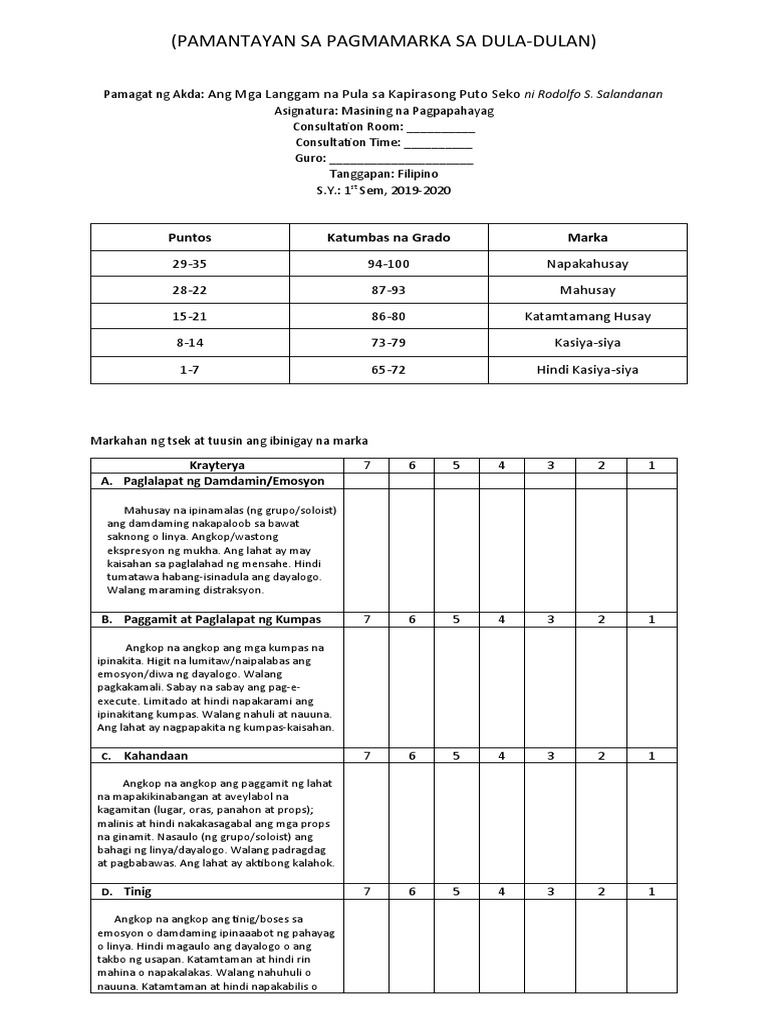 (Rubriks) PAMANTAYAN SA PAGMAMARKA SA DULA | PDF