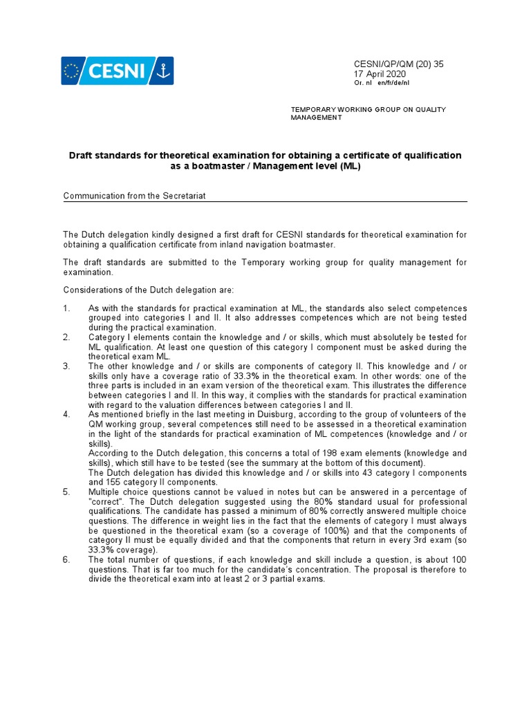 Draft Standards For Theoretical Examination For Obtaining A Certificate ...