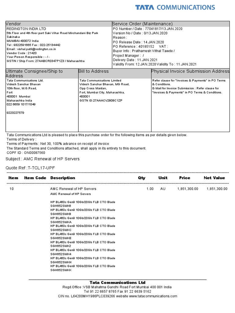 Vendor Service Order (Maintenance) : Item Item Code Description Qty ...