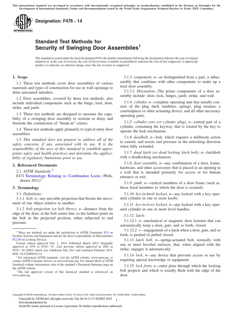 Astm F476 - 14 | PDF | Door | Screw