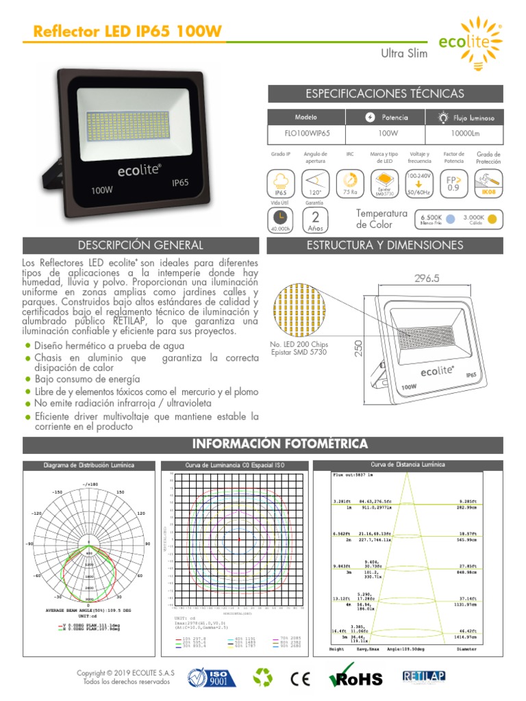 Ficha Tecnica Reflector Led 100watts | PDF | Diodo emisor de luz | Encendiendo