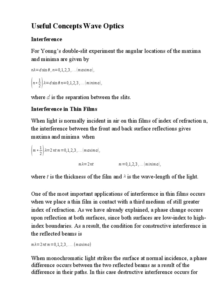 Useful Concepts Wave Optics | PDF | Diffraction | Angular Resolution