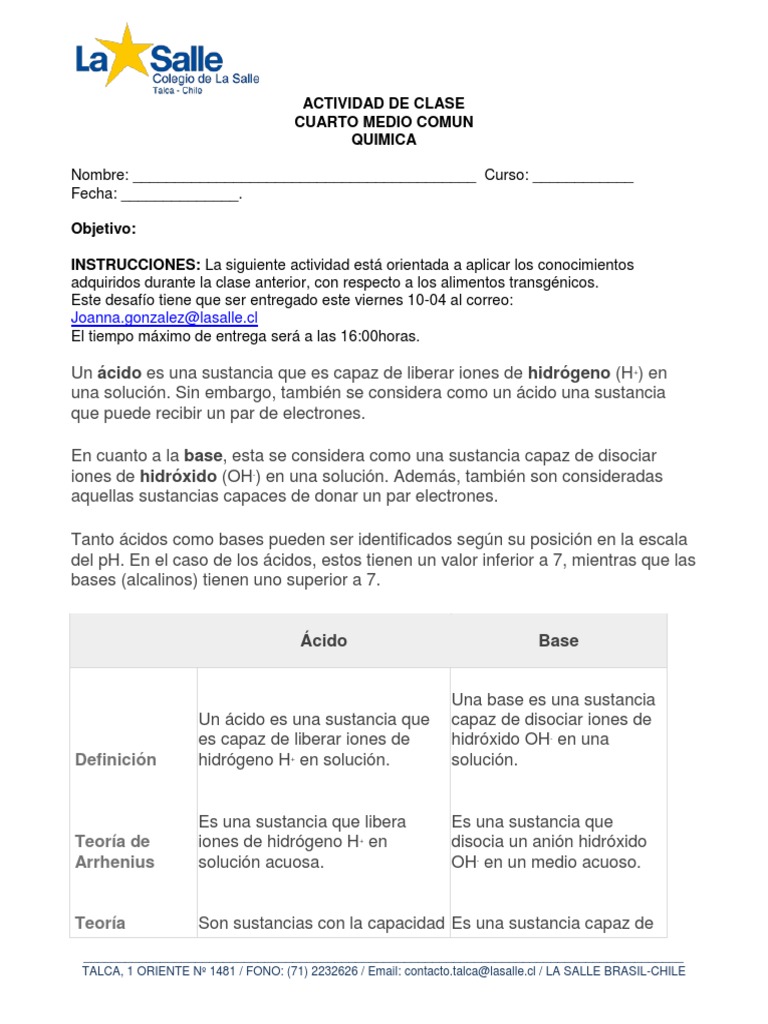 ACTIVIDAD DE CLASE Acido-Base | PDF | Ácido | Ph