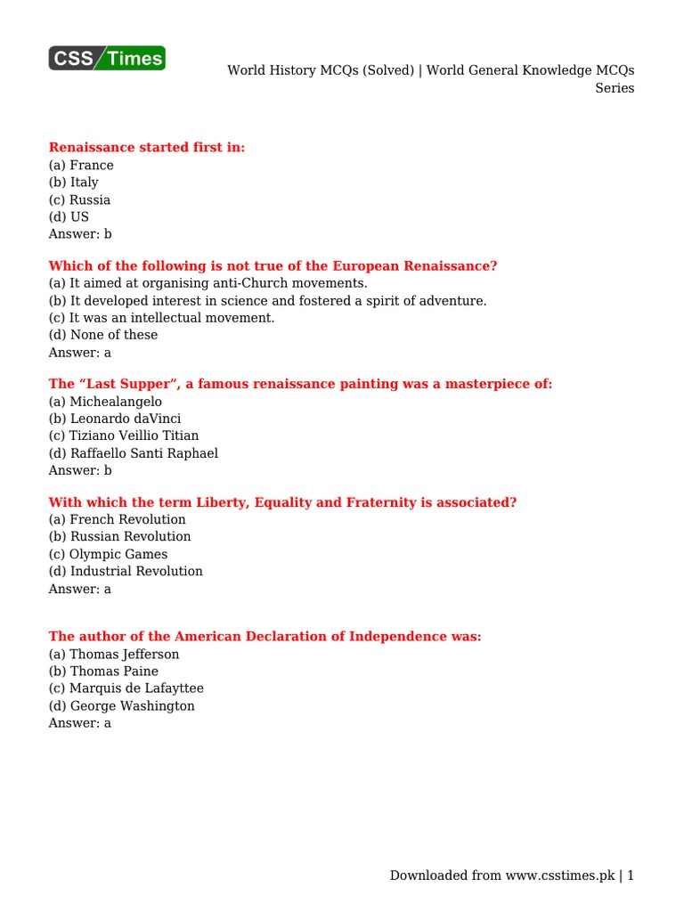 World History MCQs (Solved) - World General Knowledge MCQs Series | PDF | Friedrich Engels ...