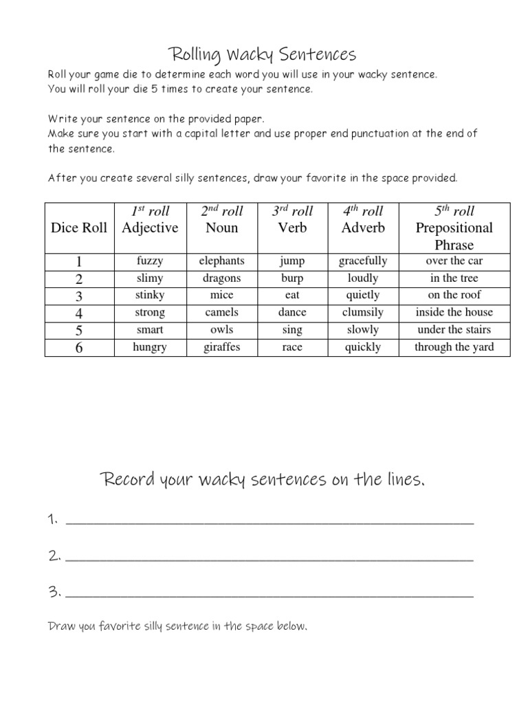 Rolling Wacky Sentences: 1 Roll 2 Roll 3 Roll 4 Roll 5 Roll | PDF ...