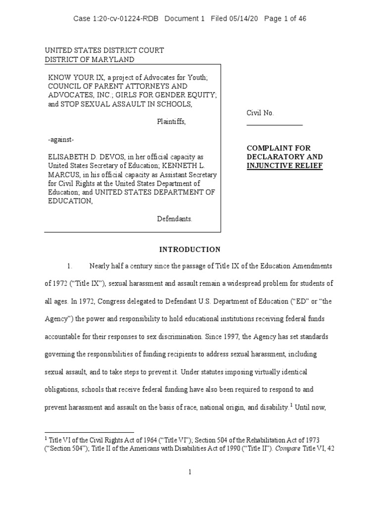 Complaint For Declaratory and Injunctive Relief | PDF | Title Ix ...