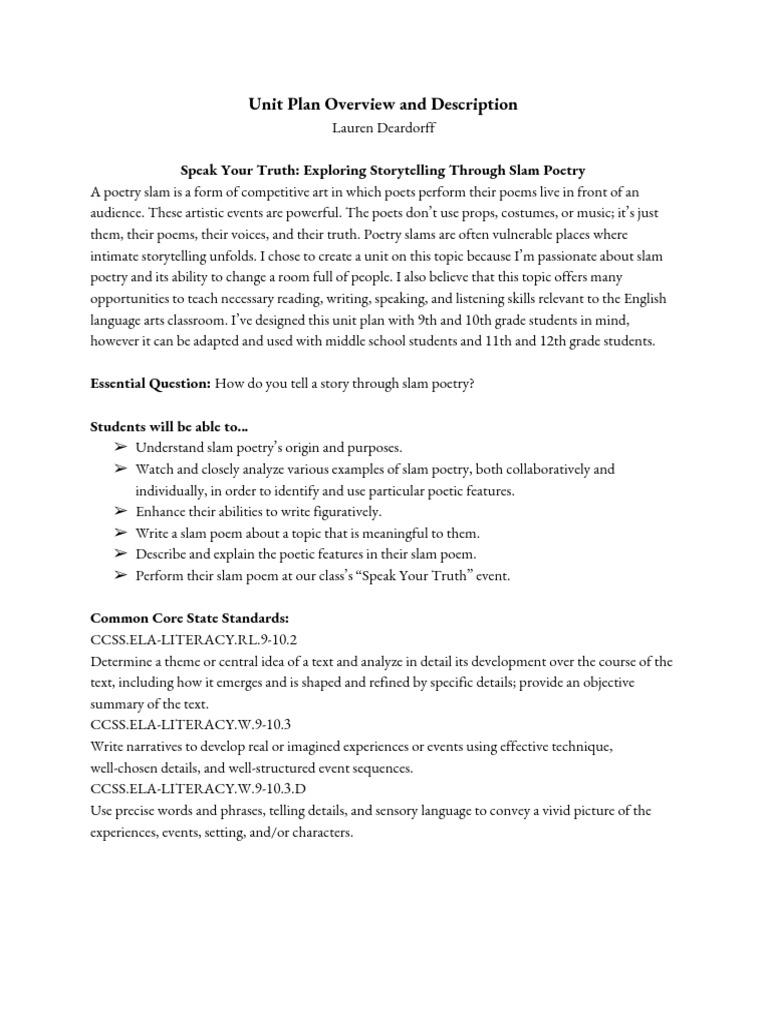 Final Unit Plan Sced357 | PDF | Reading Comprehension | Poetry