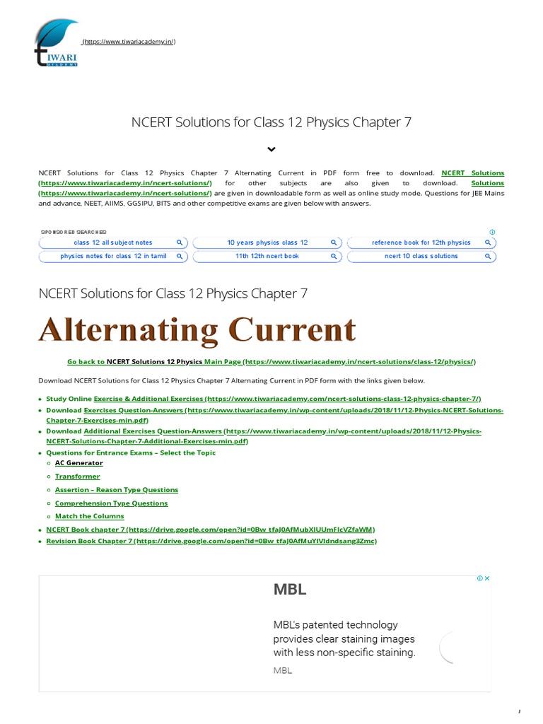 NCERT Solutions For Class 12 Physics Chapter 7 Alternating Current (AC ...