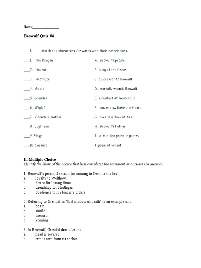 Beowulf Quiz | PDF | Beowulf | English Folklore