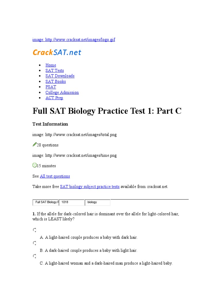 Full SAT Biology Practice Test 1: Part C | PDF | Dominance (Genetics) | Sat