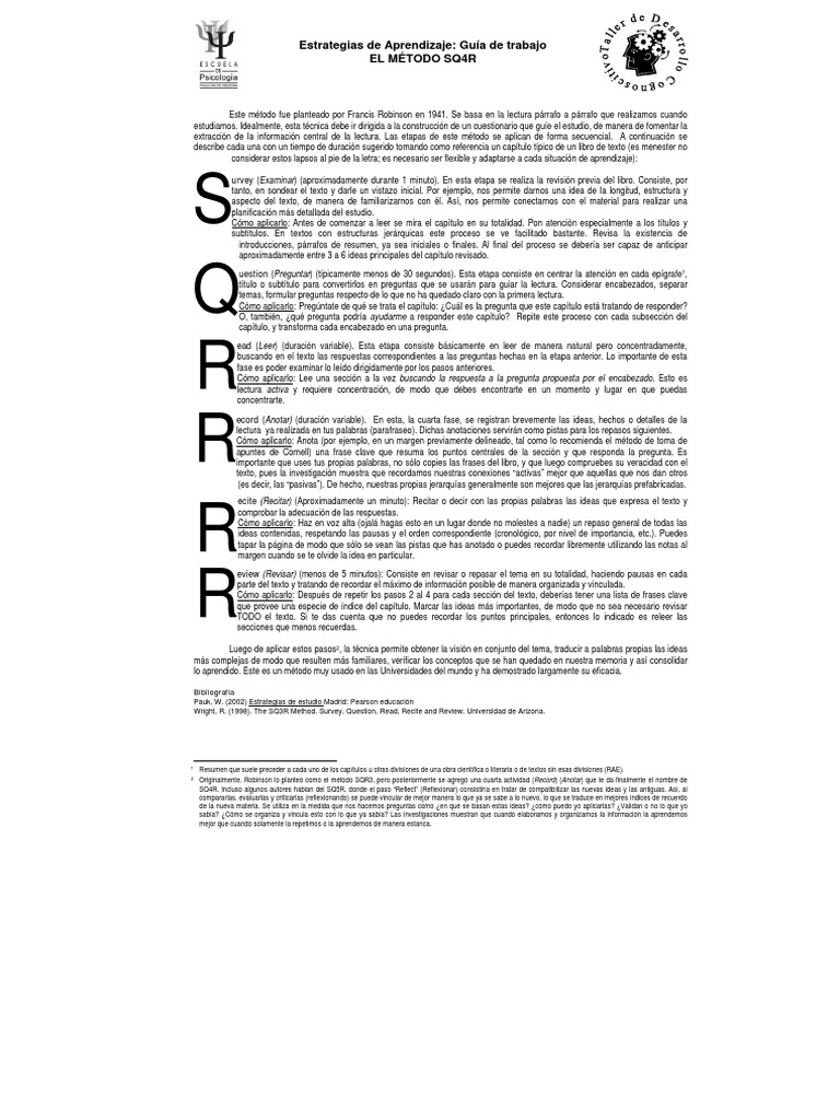 Guía del Método SQ4R para Estudio | PDF | Aprendizaje | Enseñando y ...