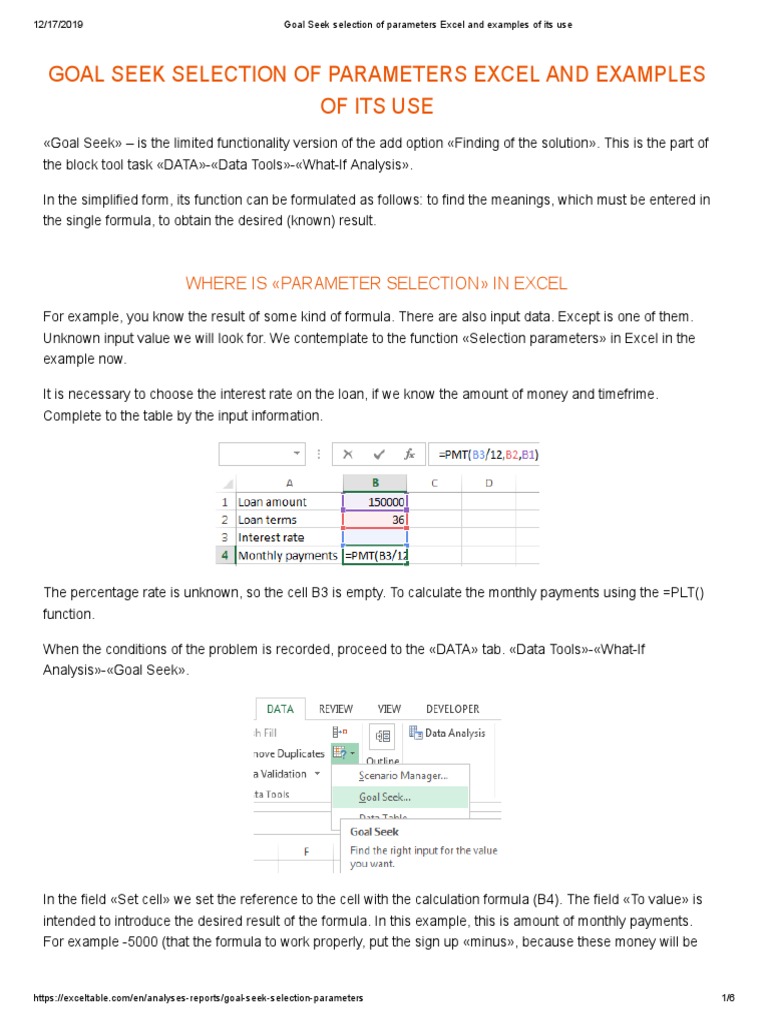 Goal Seek Selection of Parameters Excel and Examples of Its Use | PDF ...