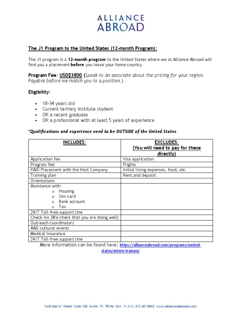 The J1 Program To The United States 12 Month Program Payable