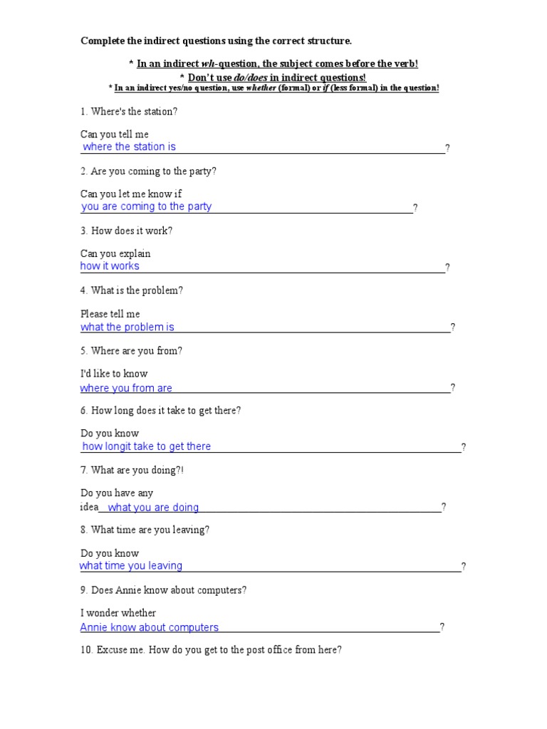 Indirect Questions Practice - 36738 | PDF