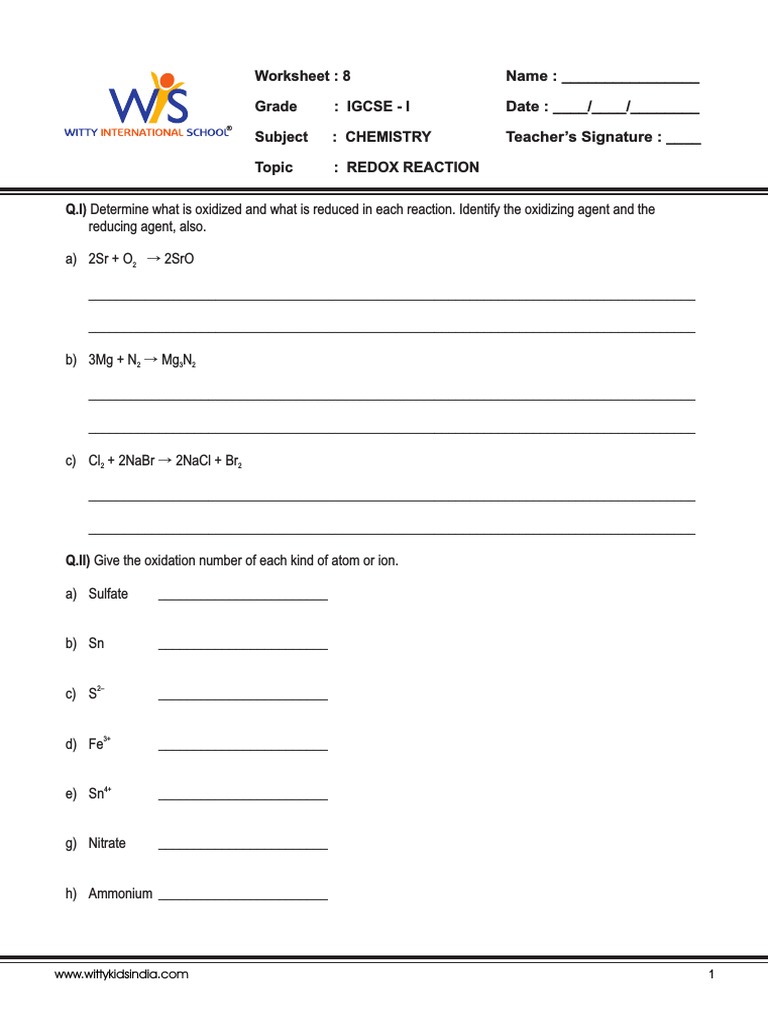 Redox Reactions Worksheet: Determining Oxidation States, Identifying ...