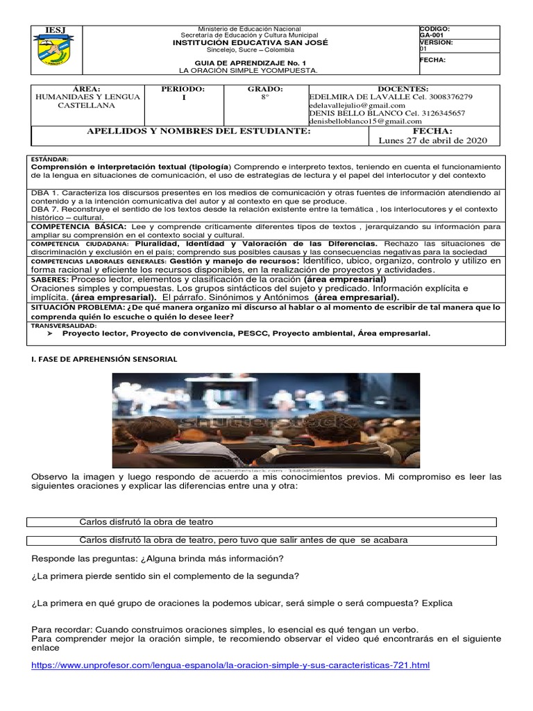 Guia de Aprendizaje Grado 8 Primer Periodo PDF | PDF | Oración ...