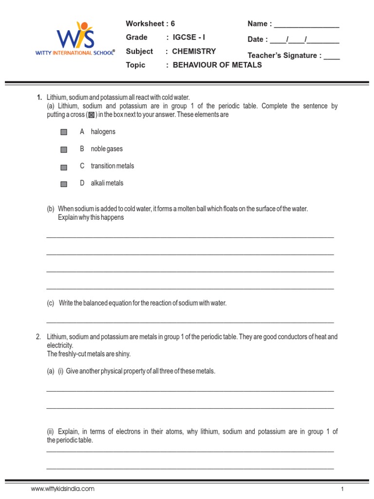 WS6 IG I Chemistry BEHAVIOUR OF METALS | Download Free PDF | Periodic ...