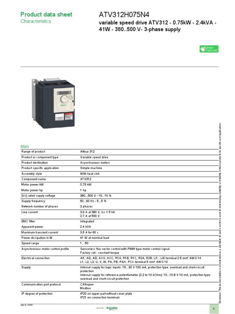 ATV312H075N4 Variable Speed Drive Data | PDF | Electric Motor ...