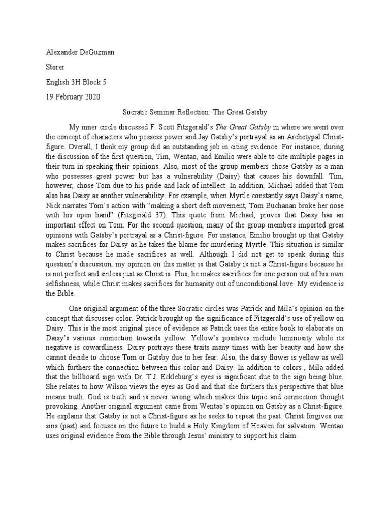 Socratic Seminar The Great Gatsby Reflection | PDF | The Great Gatsby