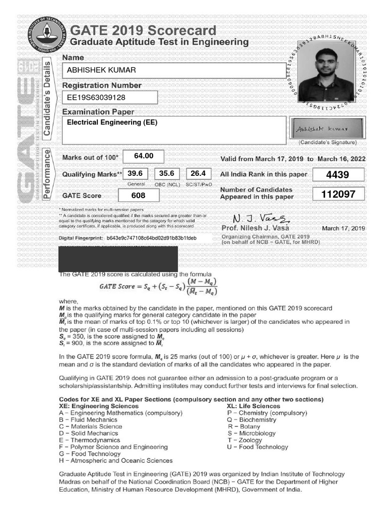 GATE 2019 Score Card - Electrical Engineering | PDF