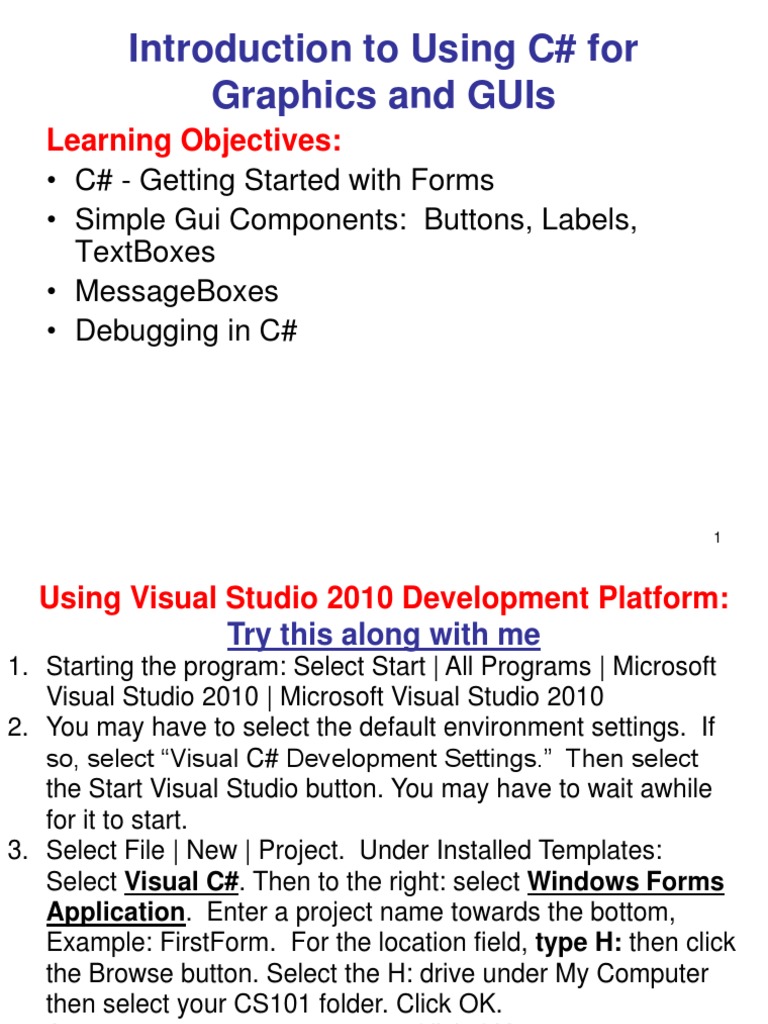 Introduction To Using C# For Graphics and Guis: Learning Objectives | Download Free PDF ...