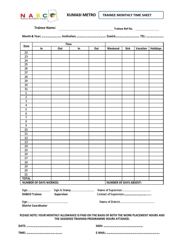 Kumasi Metro Trainee Timesheet Form | PDF