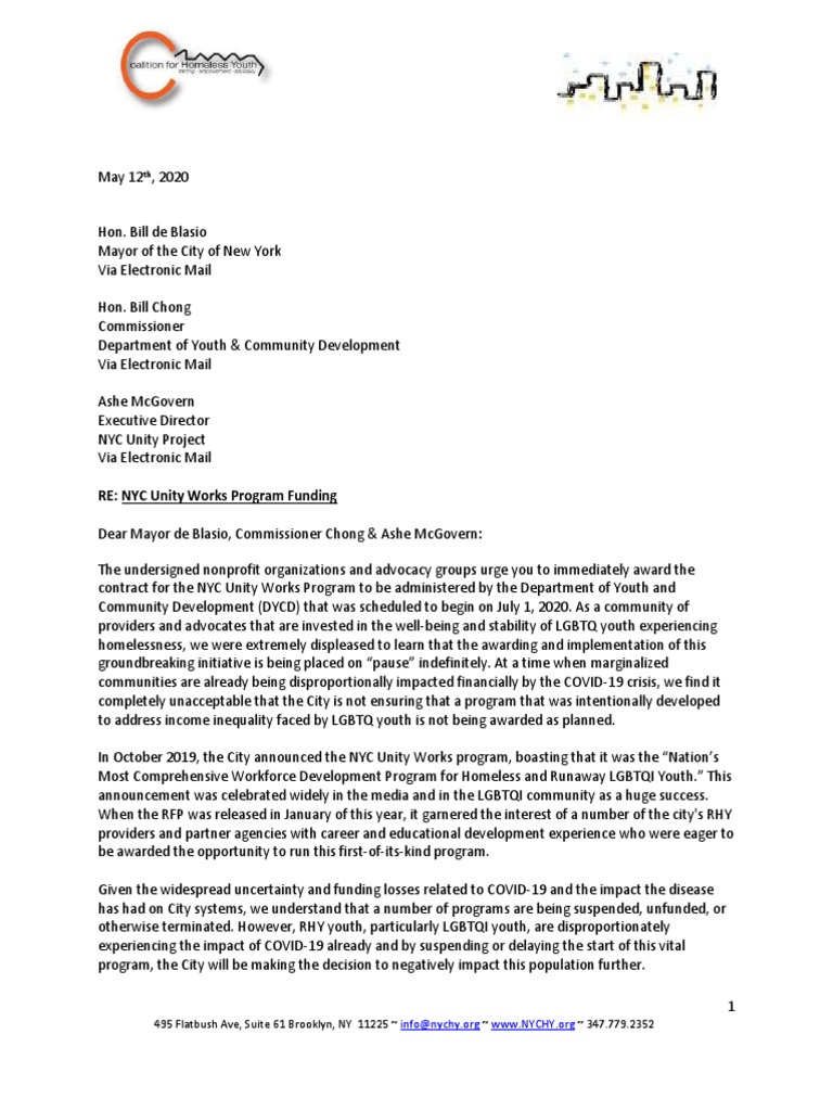NYC Unity Works Program Letter | PDF | Unemployment | Social Science
