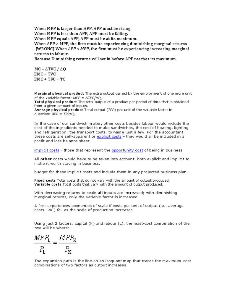 Explicit Costs: of The Variable Factor: MPP TPP/ Q - From A Given ...