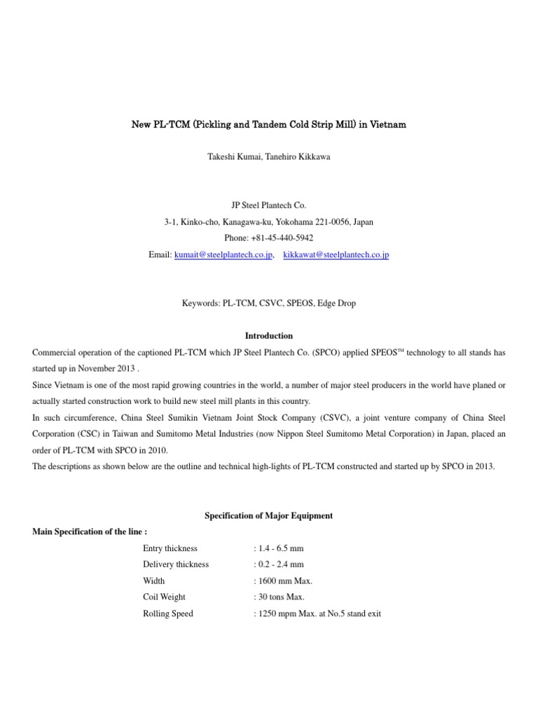 New PL-TCM in Vietnam Optimized for Strip Production | PDF | Rolling ...