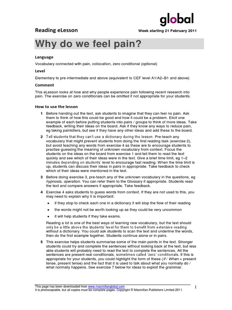Why Do We Feel Pain?: Reading Elesson | PDF | Vocabulary | Pain