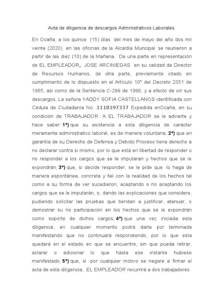Acta De Diligencia De Descargos Administrativos Laborales Pdf