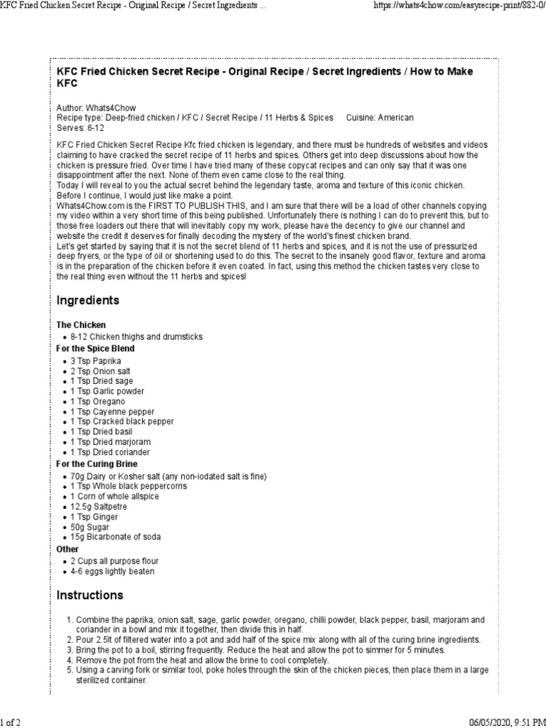 KFC Fried Chicken Secret Recipe - Original Recipe / Secret Ingredients ...