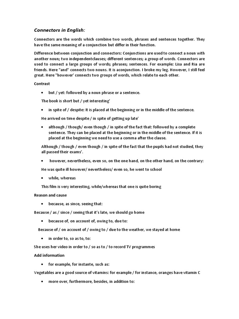 Connectors in English | PDF | Sentence (Linguistics) | Phrase