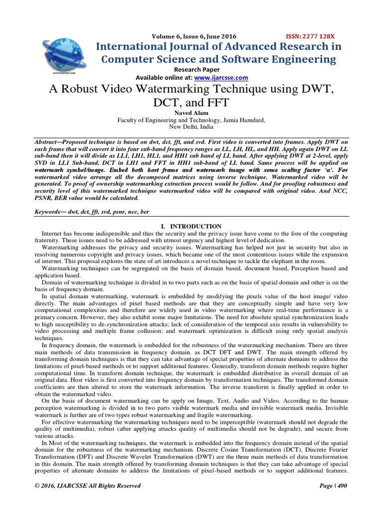 A Robust Video Watermarking Technique Using DWT, DCT, and FFT | PDF | Wavelet | Discrete Fourier ...