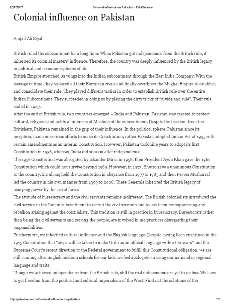 Colonial Influence On Pakistan - PakObserver | PDF | Pakistan | British ...