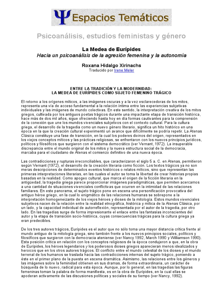 La Medea de Euripides: Hacia Un Psicoanálisis de La Agresión Femenina y La Autonomía - Roxana ...