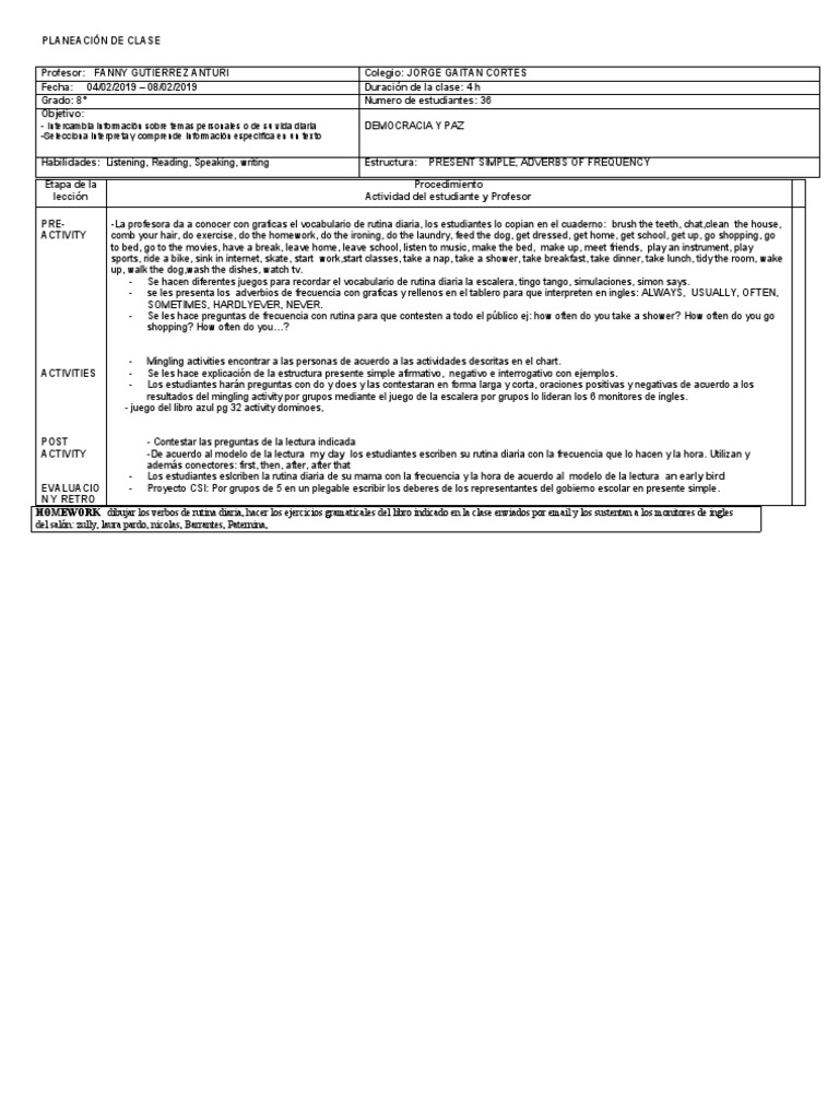 Lesson Plan Daily Routine Present Simple | PDF | Semiótica | Lingüística