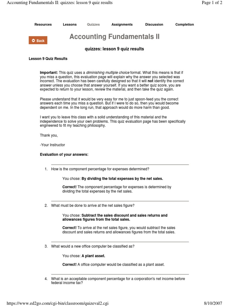 Accounting Fundamentals II: Quizzes: Lesson 9 Quiz Results | PDF ...