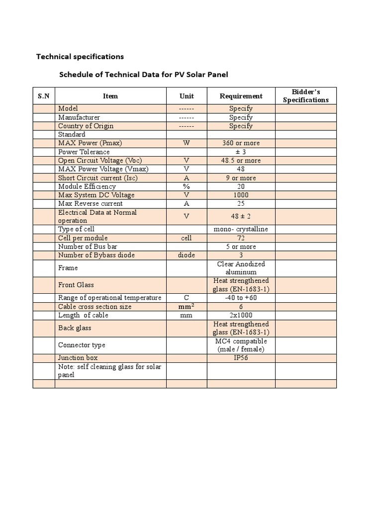 PV Solar Panel Technical Specifications | PDF | Photovoltaics ...
