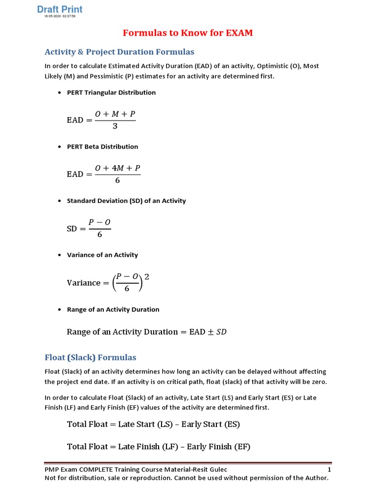 Formulas To Know For EXAM: Activity & Project Duration Formulas | PDF ...