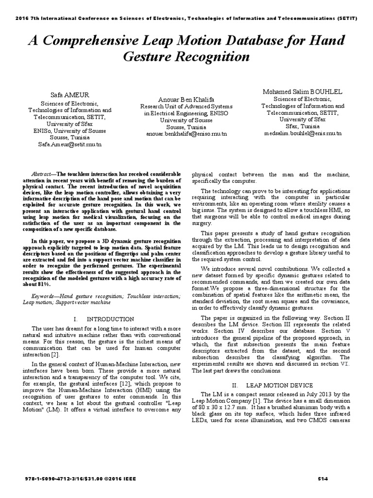 A Comprehensive Leap Motion Database For Hand Gesture Recognition | PDF ...