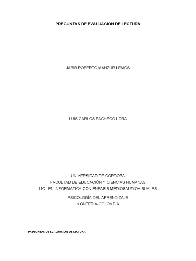 PREGUNTAS DE EVALUACIÓN DE LECTURA TEorías Cognitivas | PDF ...