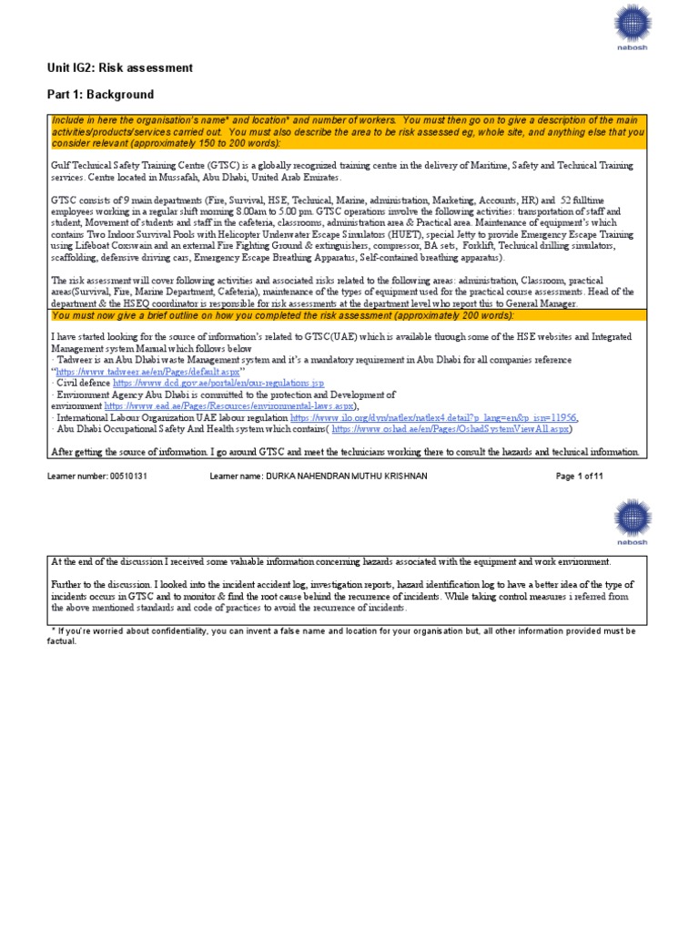 Nebosh Risk Assessment Sample Durka Nahendran Muthu Krishnan - 00510131 ...