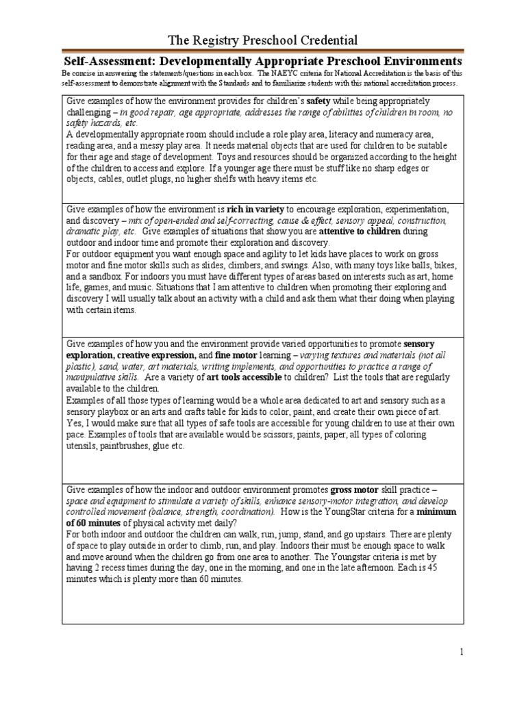 Pre Self Assessment Developmentally Appropriate Preschool Environments ...