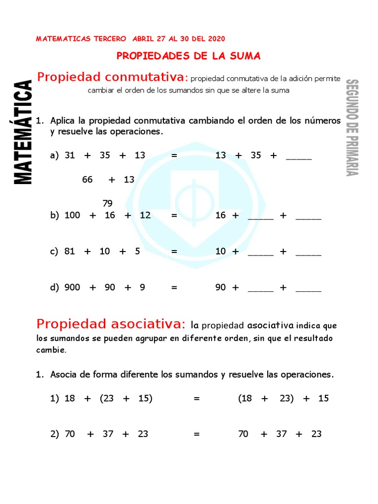 Propiedades de la Suma en Tercer Grado | PDF | Métodos y materiales de ...