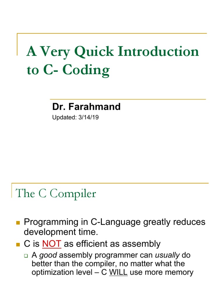A Very Quick Introduction To C-Coding: Dr. Farahmand | PDF | Integer (Computer Science ...